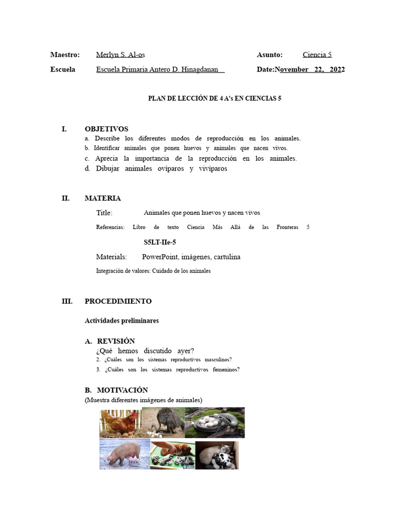 Plan de Lección en Ciencias 5 | PDF | Reproducción | Huevo