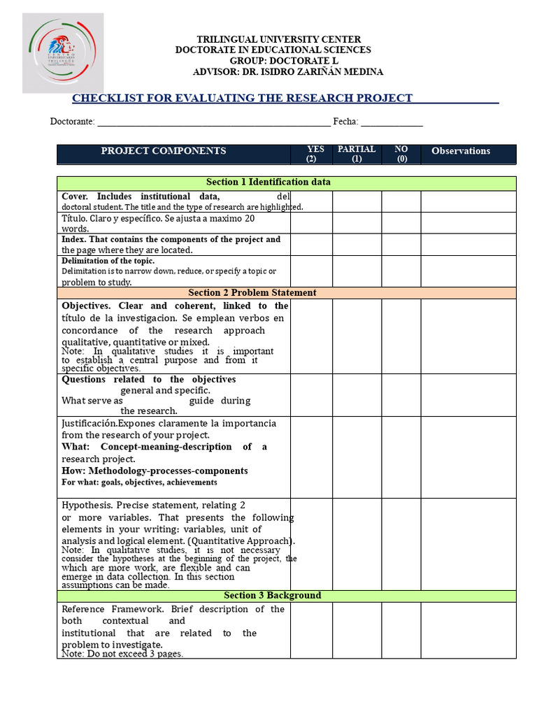 Checklist For Doctorate Research Project L | PDF | Quantitative ...