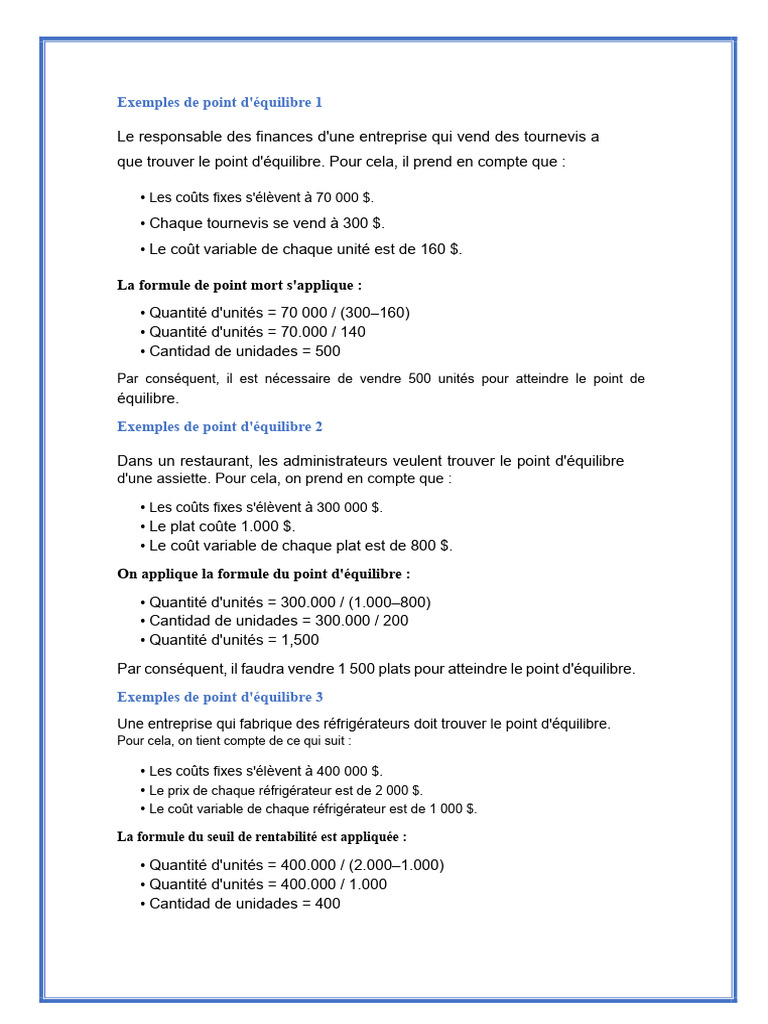 Exemples de point d'équilibre RÉSOLU | PDF | Économie d'entreprise
