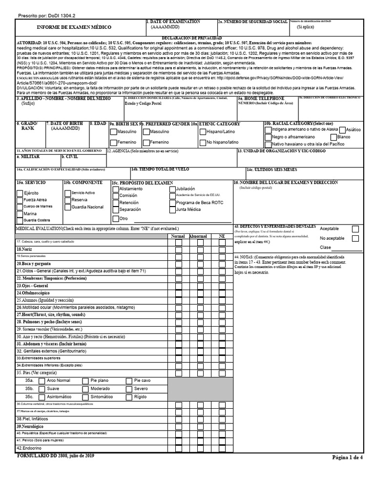 INFORME DE EXAMEN MÉDICO (FORMULARIO DD 2808)_1 | PDF | Raza y etnicidad en el censo de los ...