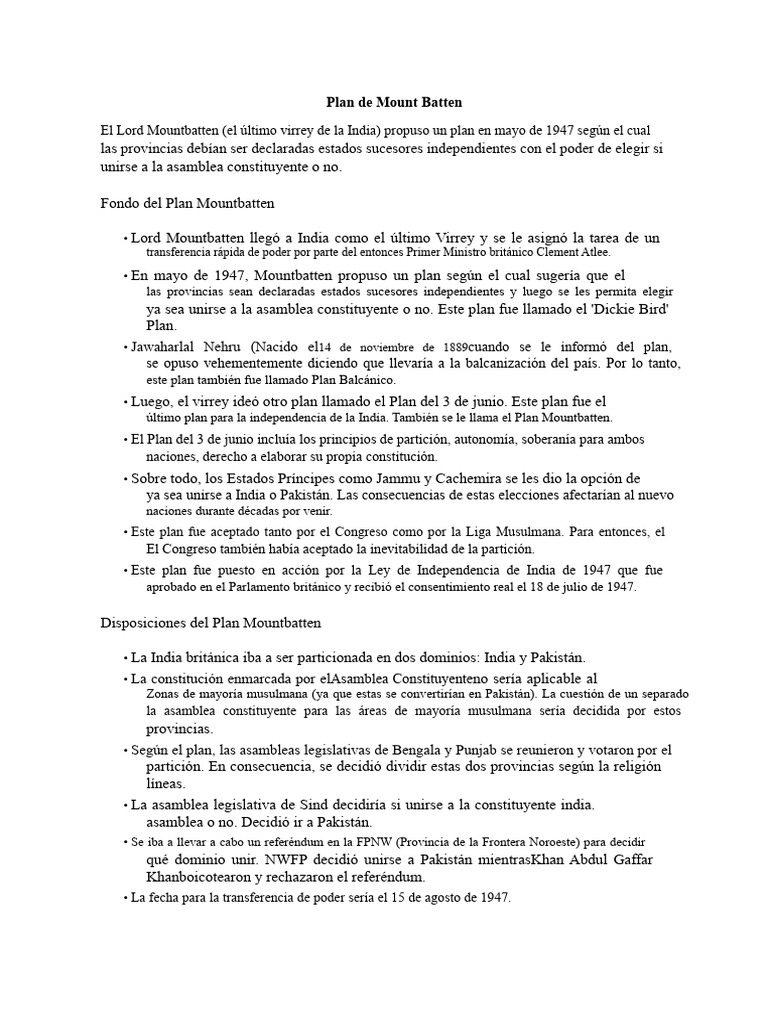 Plan Mountbatten | PDF | Partición de la india | Toda la liga musulmana ...