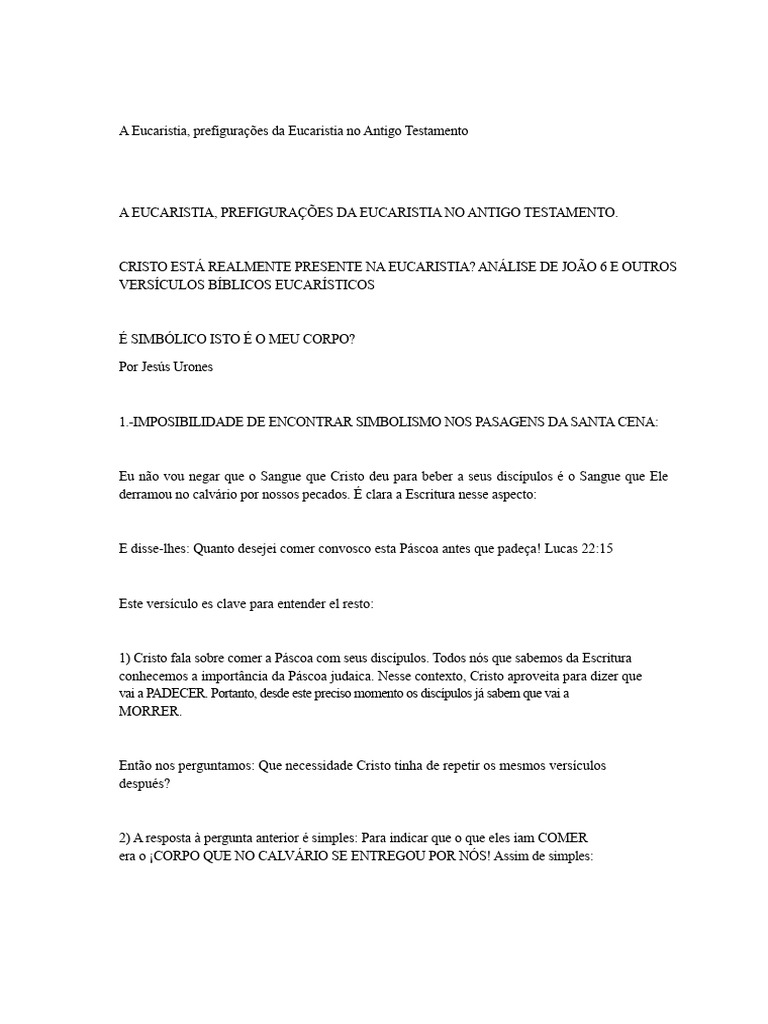 Eucaristia: Prefigurações no Antigo Testamento | PDF | Eucaristia | Jesus