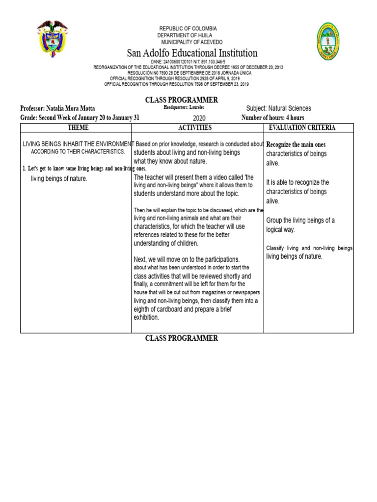 Natural Sciences Class Programmer Second Grade | PDF