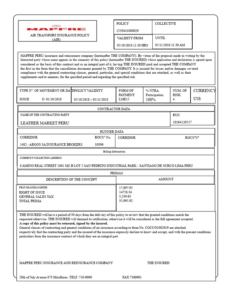 Air Transport Insurance Policy Details | PDF | Insurance | Insurance Policy