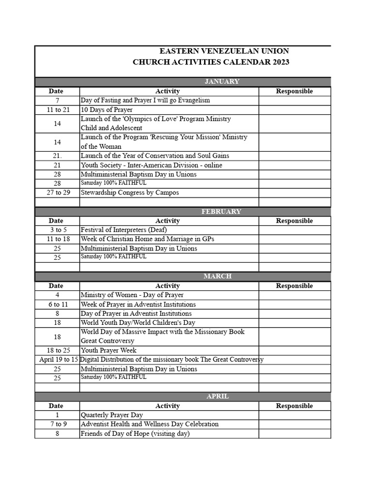 Eastern Venezuelan Union 2023 Calendar | PDF | Seventh Day Adventist ...