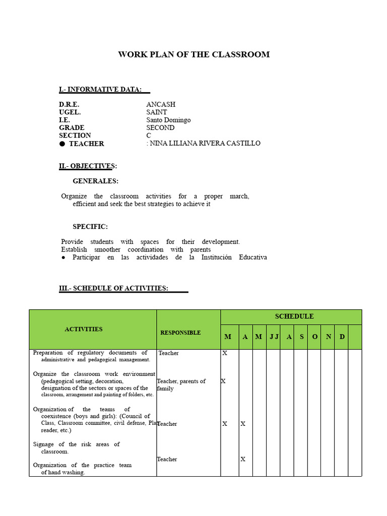 Work Plan For The Classroom | PDF | Learning | Teaching
