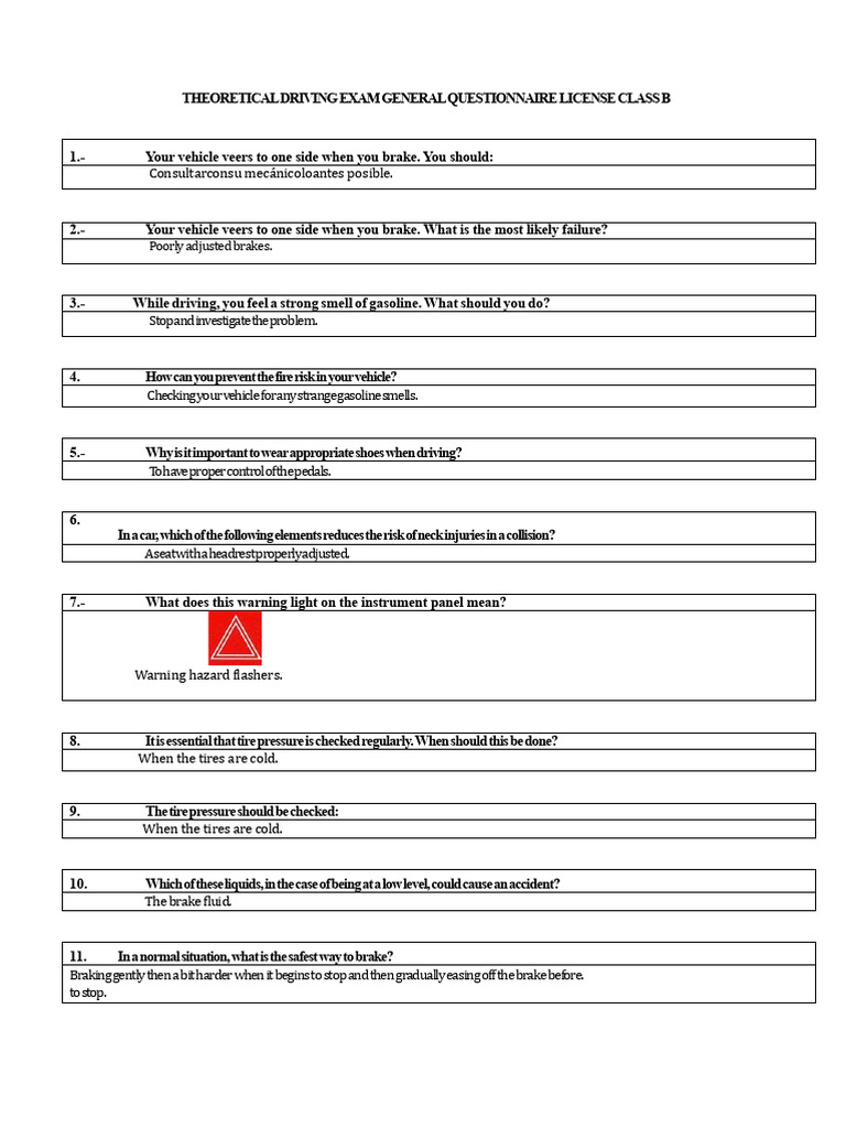Theoretical Driving Exam General Questionnaire Class B Licenses | PDF ...