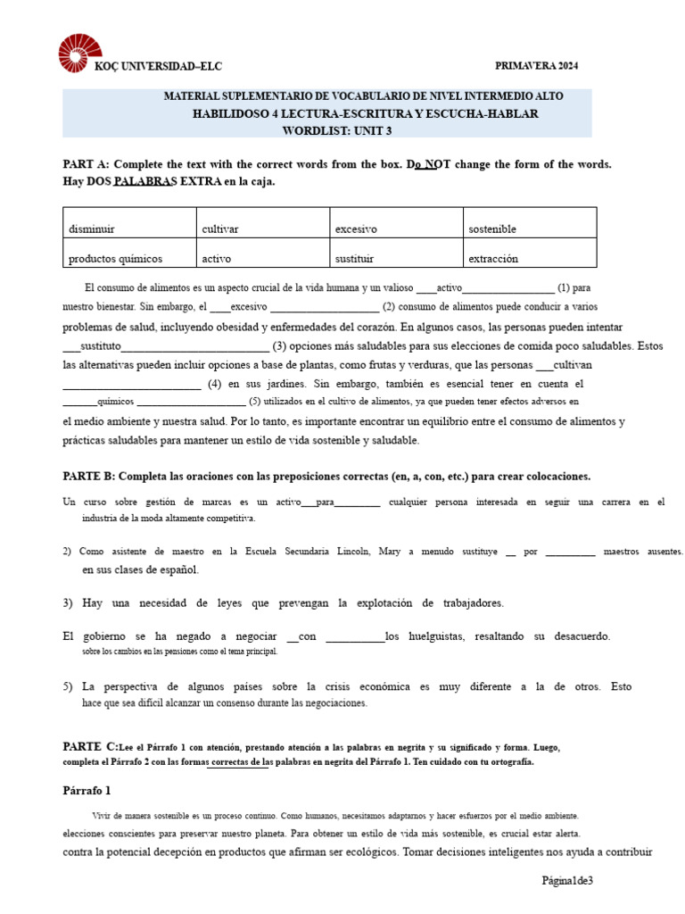 Práctica de Vocabulario 4 - Habilidad 3 | PDF | Sustentabilidad ...