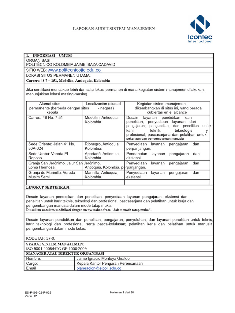 Laporan Audit Eksternal 2016 Sistem Manajemen ISO 9001 2008 Pembaruan | PDF