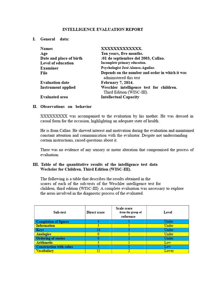 Wisc-III Intelligence Evaluation Report | PDF | Intelligence Quotient ...