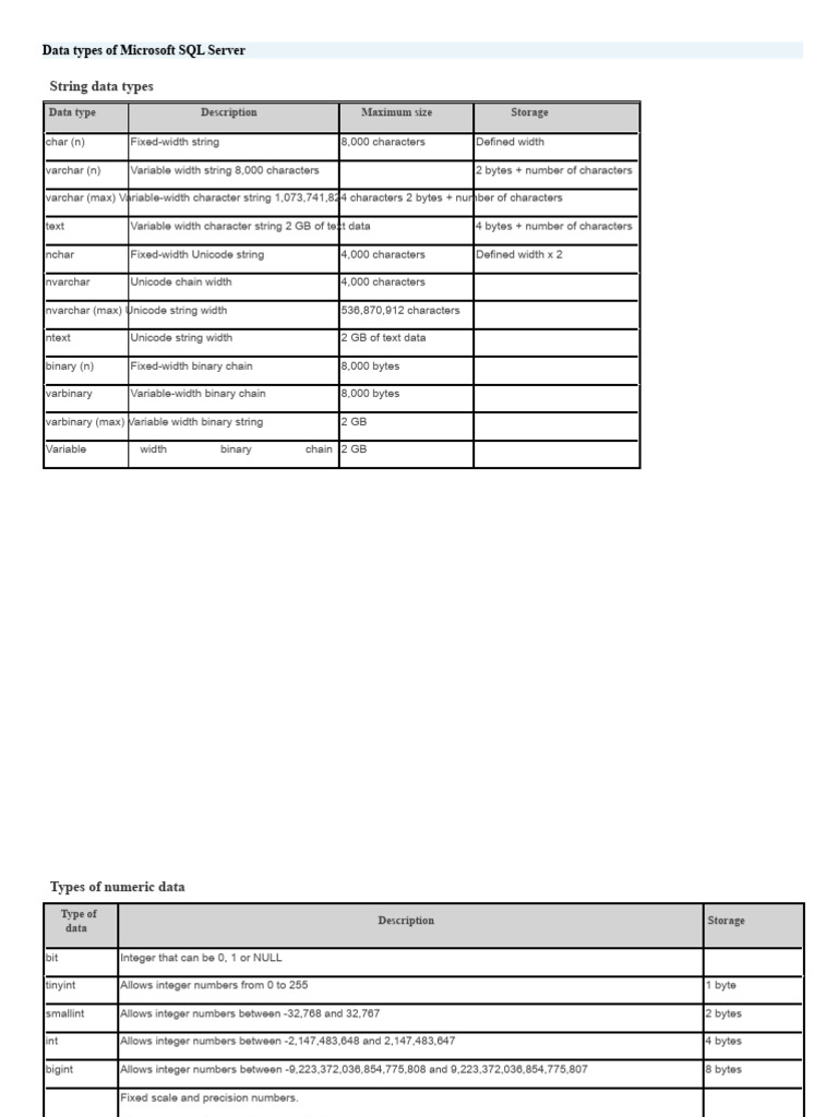 Data Types of Microsoft SQL Server | PDF | Integer (Computer Science) | String (Computer Science)