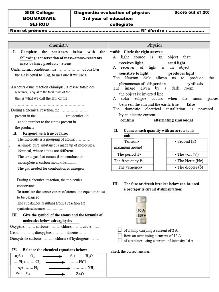 Physics Chemistry 3rd Year Middle School Diagnostic Evaluation 2 | PDF ...