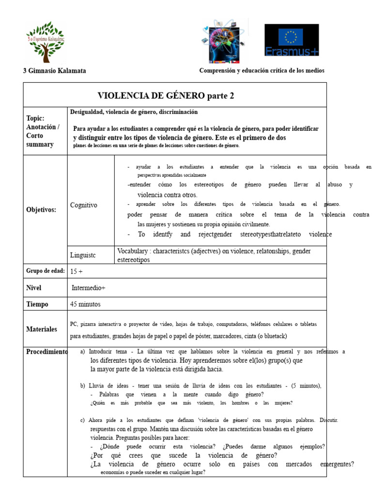 Plan de Lección Final Sobre Violencia de Género 2 | PDF | Género ...