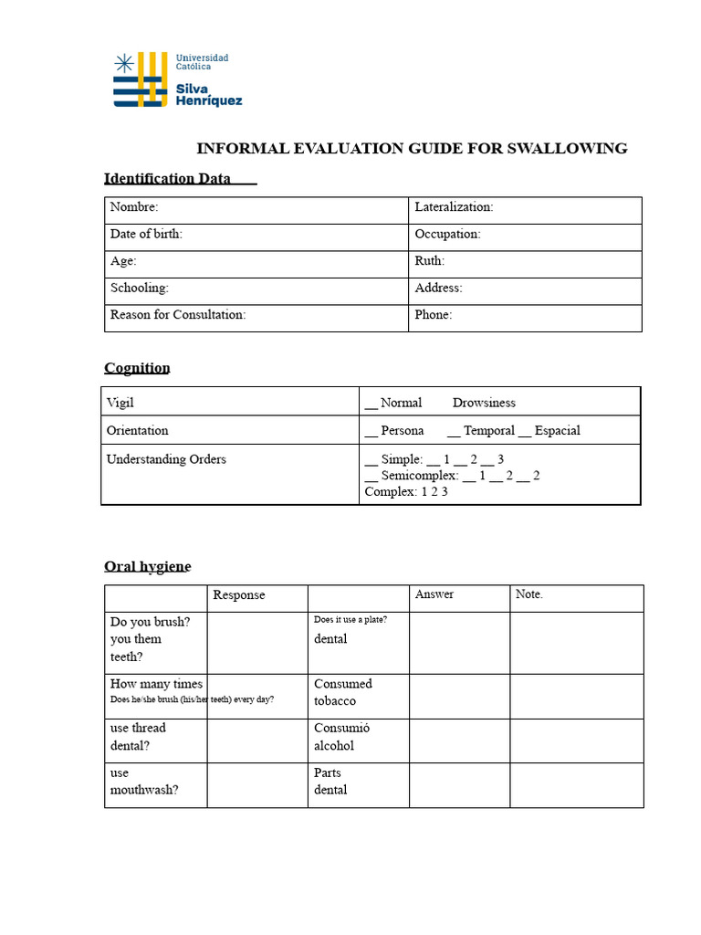 Informal Swallowing Evaluation Guideline | PDF | Tongue | Lip