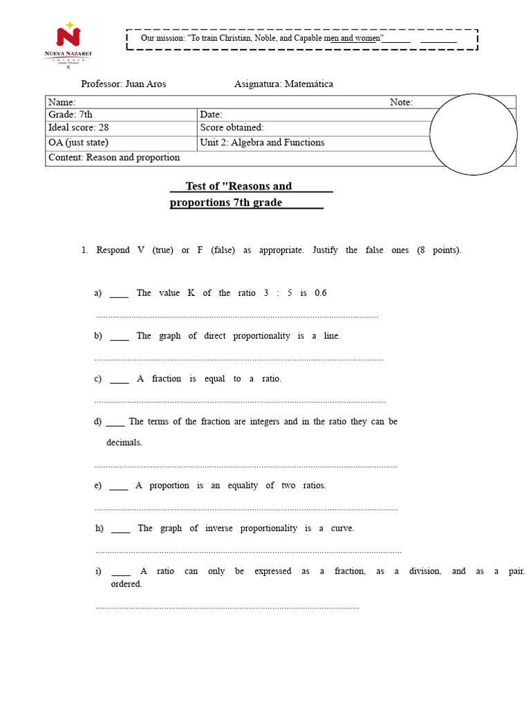 Test of Reasons and Proportions 7th A-B | PDF | Ratio | Mathematics