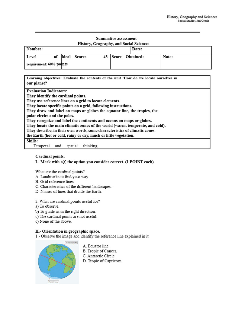 Third Grade History Assessment | PDF | Oceans | Tropics