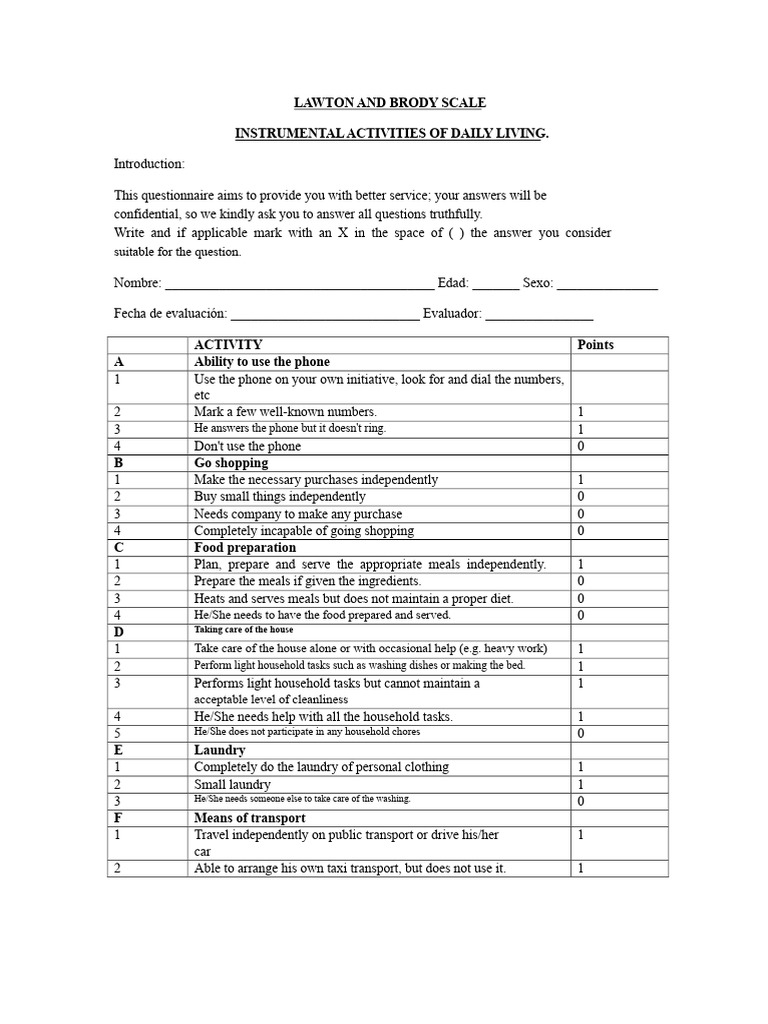 Lawton-Brody IADL Assessment Tool | PDF