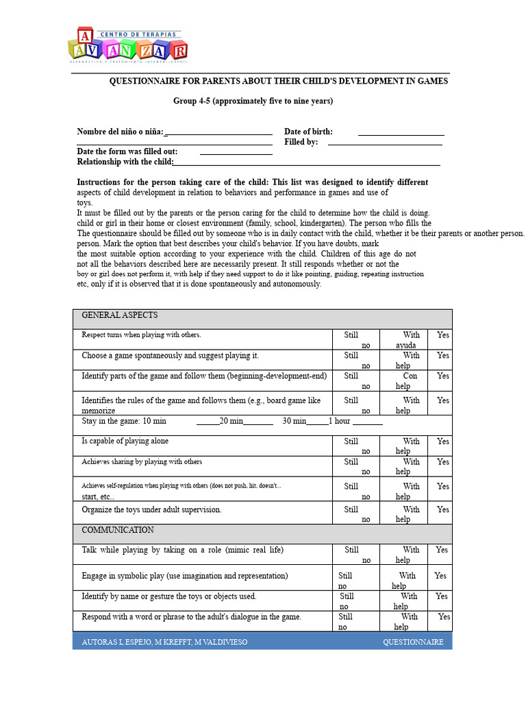 Questionnaire Game 5 To 9 Years | PDF | Child Development | Behavioural ...