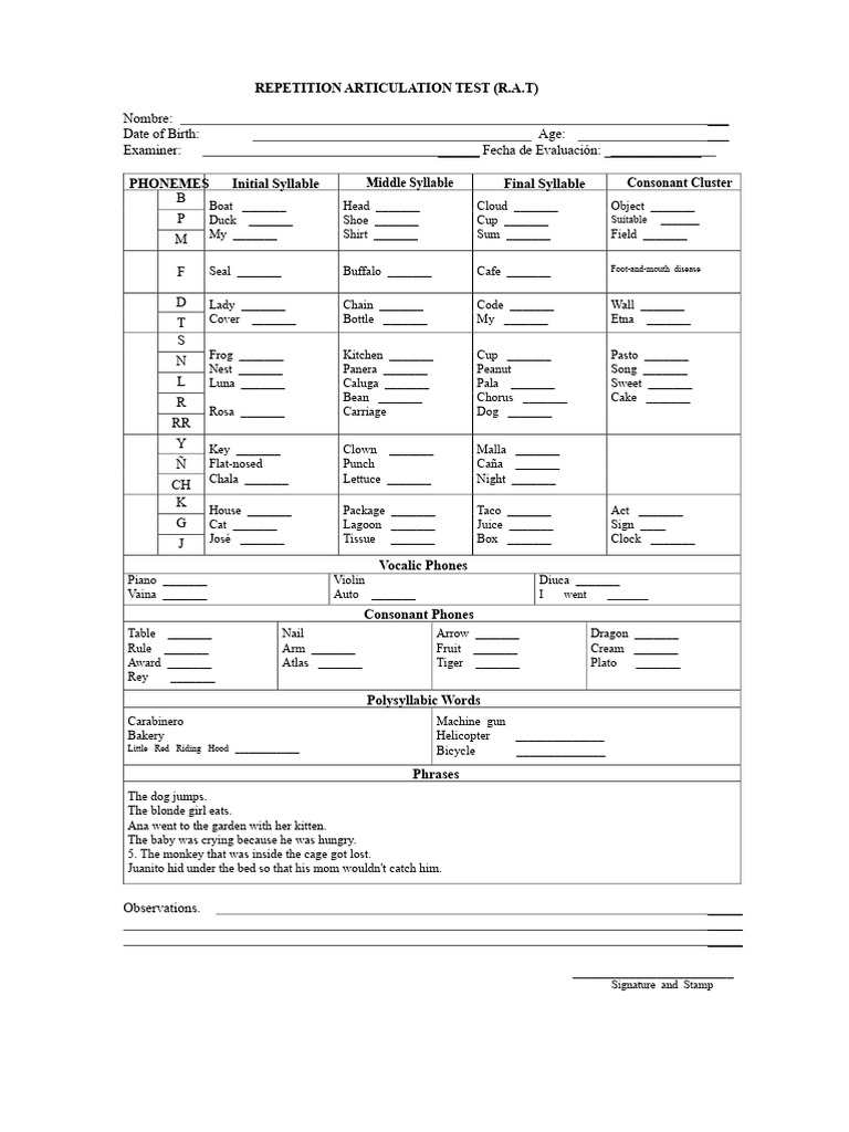 Articulation Test For Repetition (TAR) - E. SCHWLM | PDF | Syllable ...