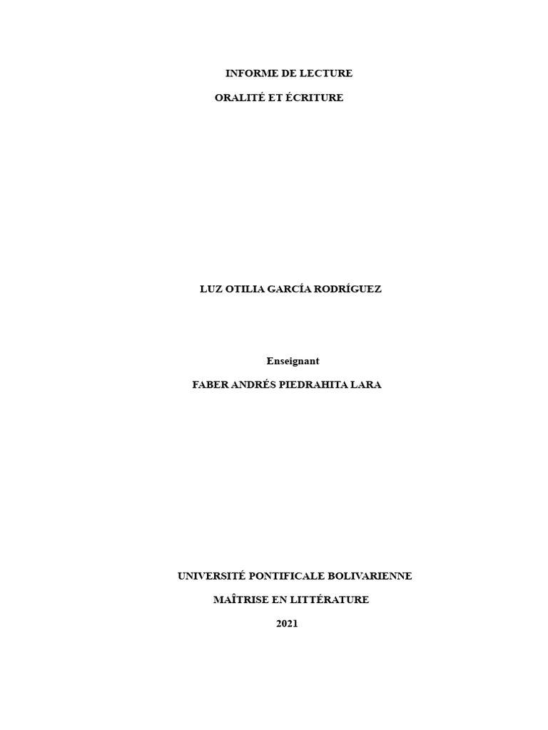 Rapport de Lecture - Oralité Et Écriture | PDF | Discours | Tradition orale