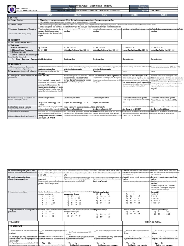 DLL Matematika 4 q2 w6 | PDF