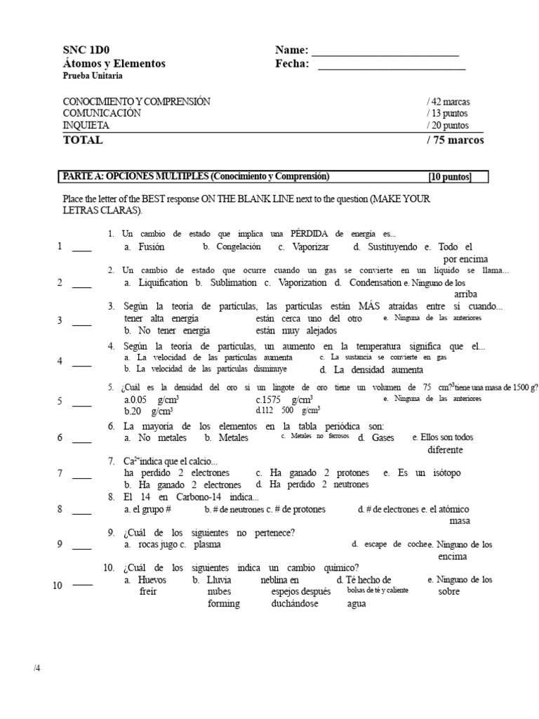 Prueba de Práctica de Química SNC1D | PDF | Átomos | Química