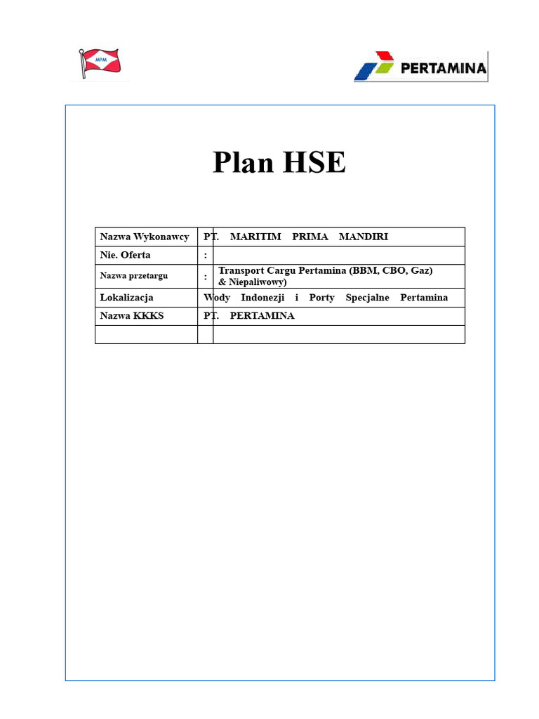 Plan HSE Pertamina Shipping | PDF