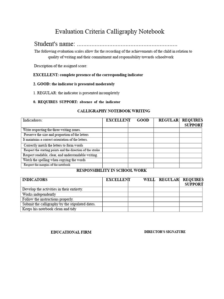 Calligraphy Notebook Evaluation Criteria | PDF