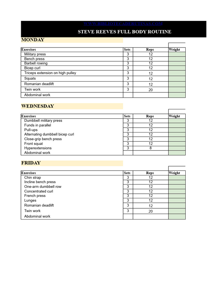 Steve Reeves Full Body Workout Plan | PDF | Weight | Physical Exercise