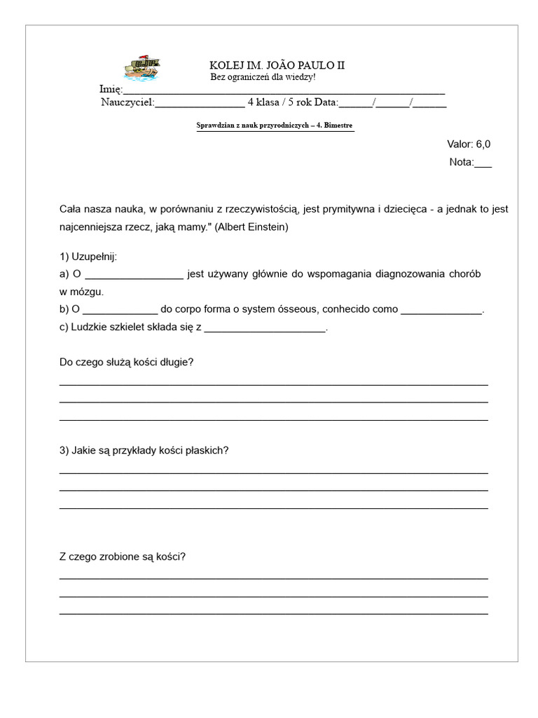 Test 5. Klasy Nauki 4. Kwartal | PDF