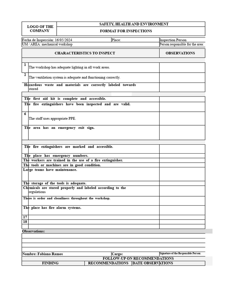 Workshop Safety Inspection Checklist | PDF | Occupational Safety And ...