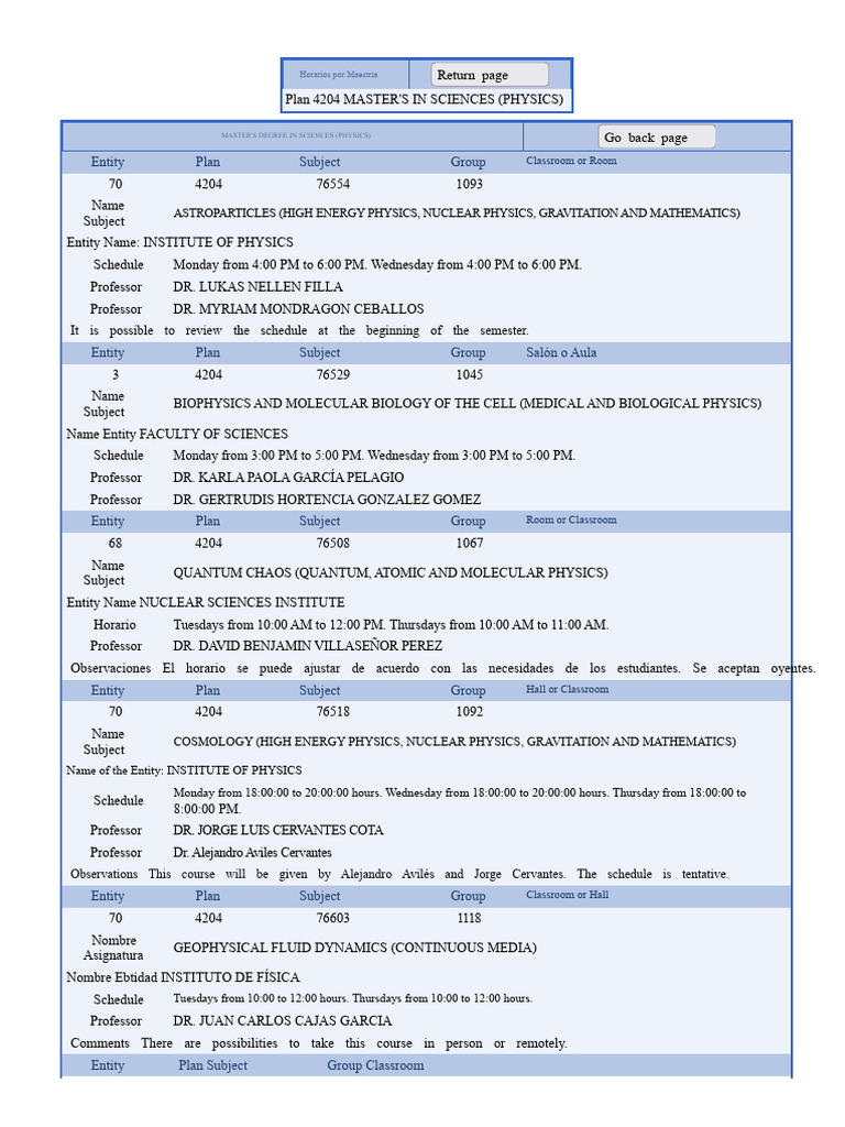 Schedules For The Master's Degree in Physical Sciences - 2024-1 | PDF ...