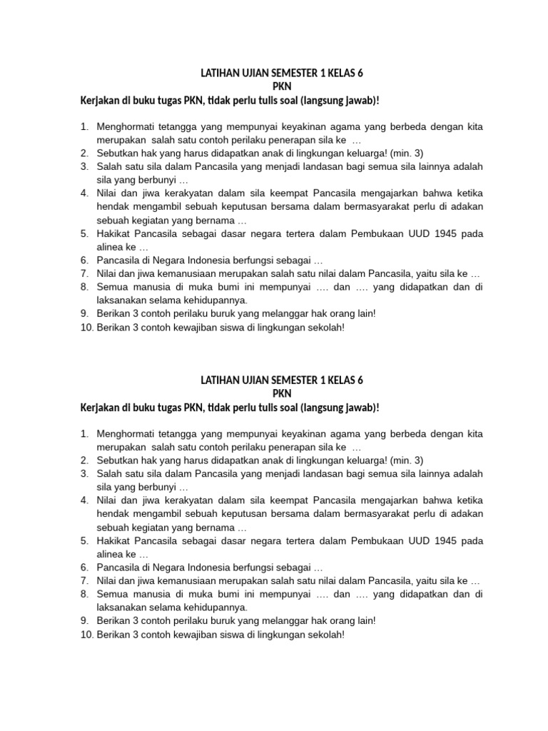 Latihan Ujian Semester Kelas 6 b Pkn Part 2 11 Rangkap | PDF
