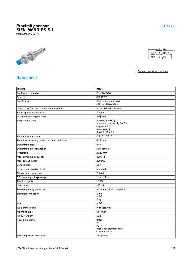 Proximity sensor SIEN-M8NB-PS-S-L | PDF | Electrical Connector ...