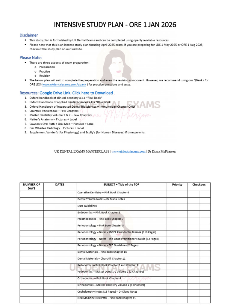 Intensive ORE Study Plan for 2026 | PDF | Dentistry | Periodontology