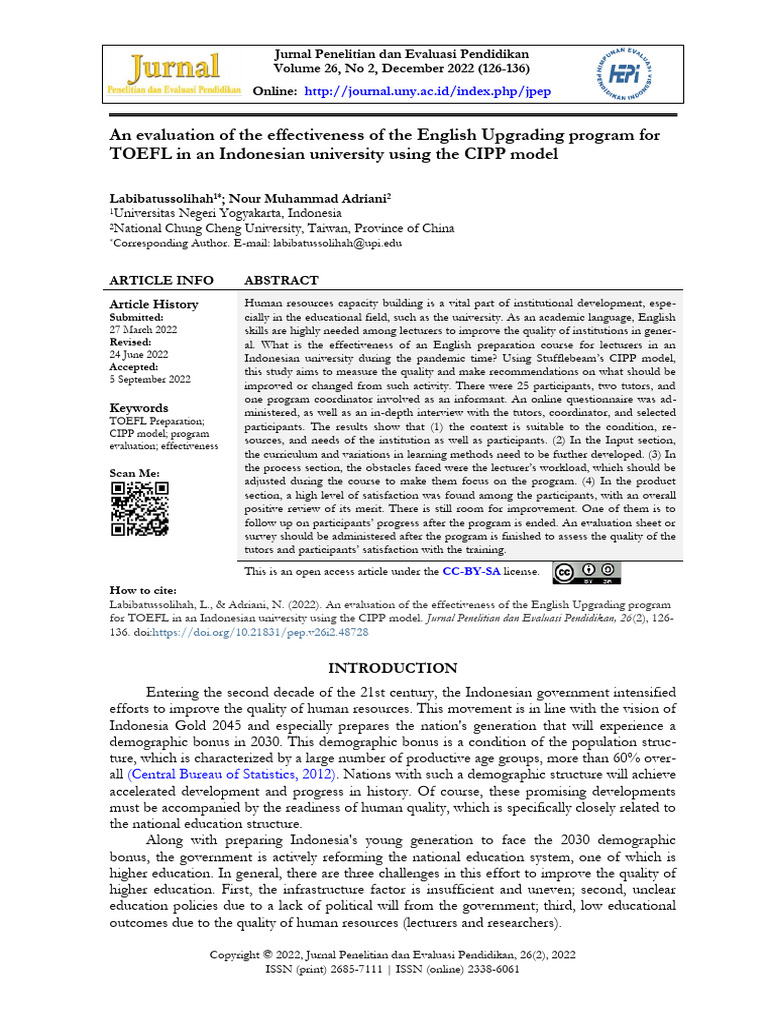 An Evaluation of The Effectiveness of The English Upgrading Program For TOEFL in An Indonesian ...