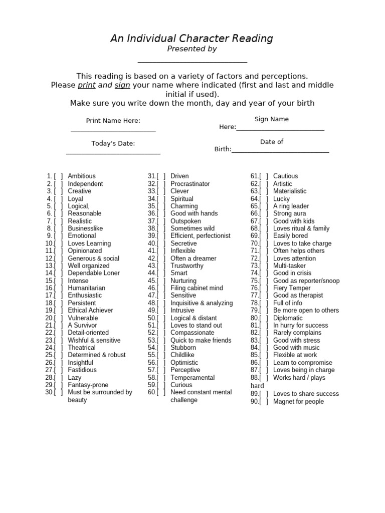 Generic Reading Tick Sheet | PDF | Psychological Concepts | Psychology