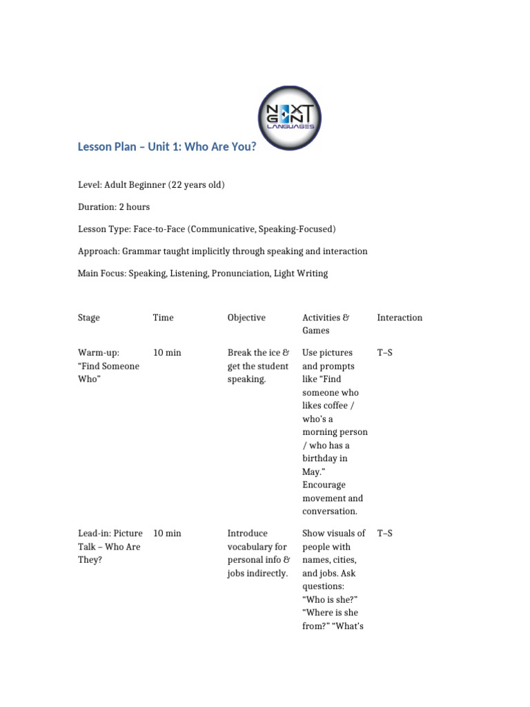 Adult Beginner Speaking Lesson Plan | PDF | Vocabulary | Psycholinguistics