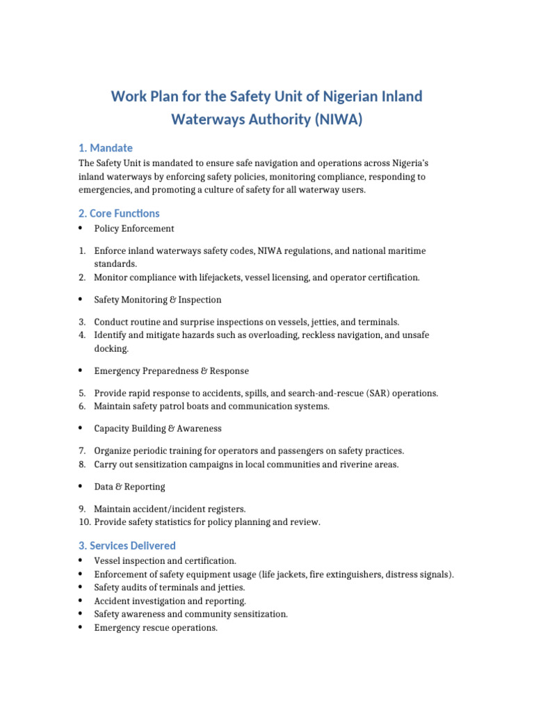 NIWA Safety Unit Work Plan | PDF | Safety | Search And Rescue
