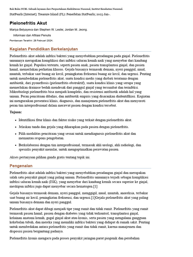 Pielonefritis Akut - StatPearls - Rak Buku NCBI | PDF