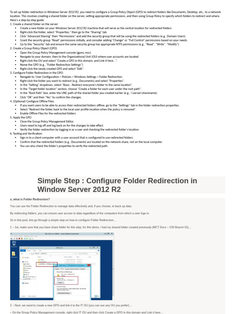 FOLDER REDIRECTION in Windows Server 2012 R2 | PDF | Group Policy | Computer Architecture