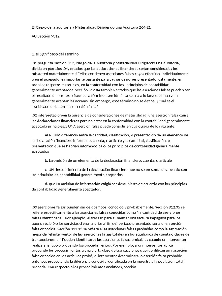 El Riesgo de La Auditoría y Materialidad Dirigiendo Una Auditoría 264 ...