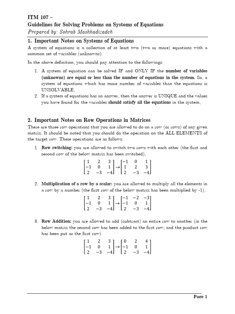 05-Tutorial - Guidelines For Matrices-2 Systems of Equations | PDF | Matrix (Mathematics ...