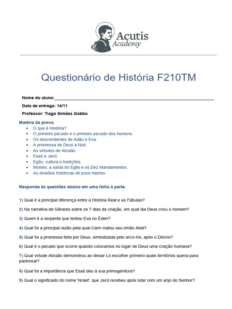 Questionário História F210-Acutis | PDF | Adão e Eva | Abraão