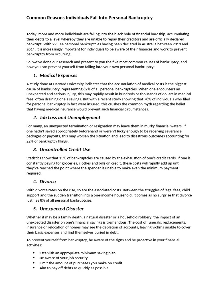 Common Reasons Individuals Fall Into Personal Bankruptcy | PDF ...