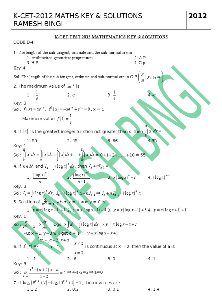 2012 Maths Cet Solutions | PDF | Sine | Trigonometric Functions