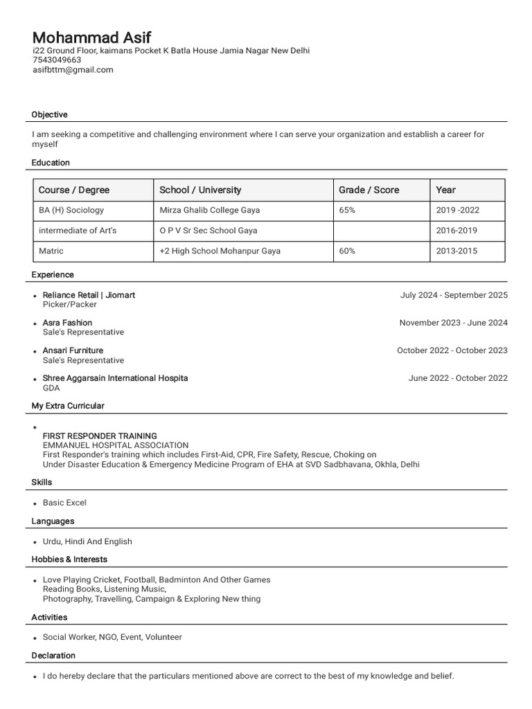 Mohammad Asif's Resume 2024-2025 | PDF