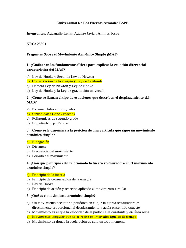 Preguntas Sobre El Movimiento Armónico Simple (MAS) | PDF