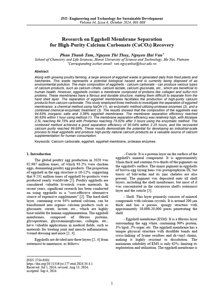 Research On Eggshell Membrane Separation For High-Purity Calcium ...
