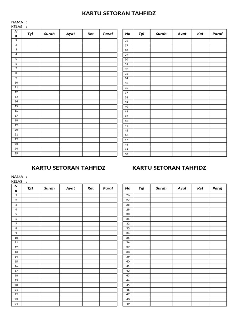 KARTU SETORAN TAHFIDZ | PDF